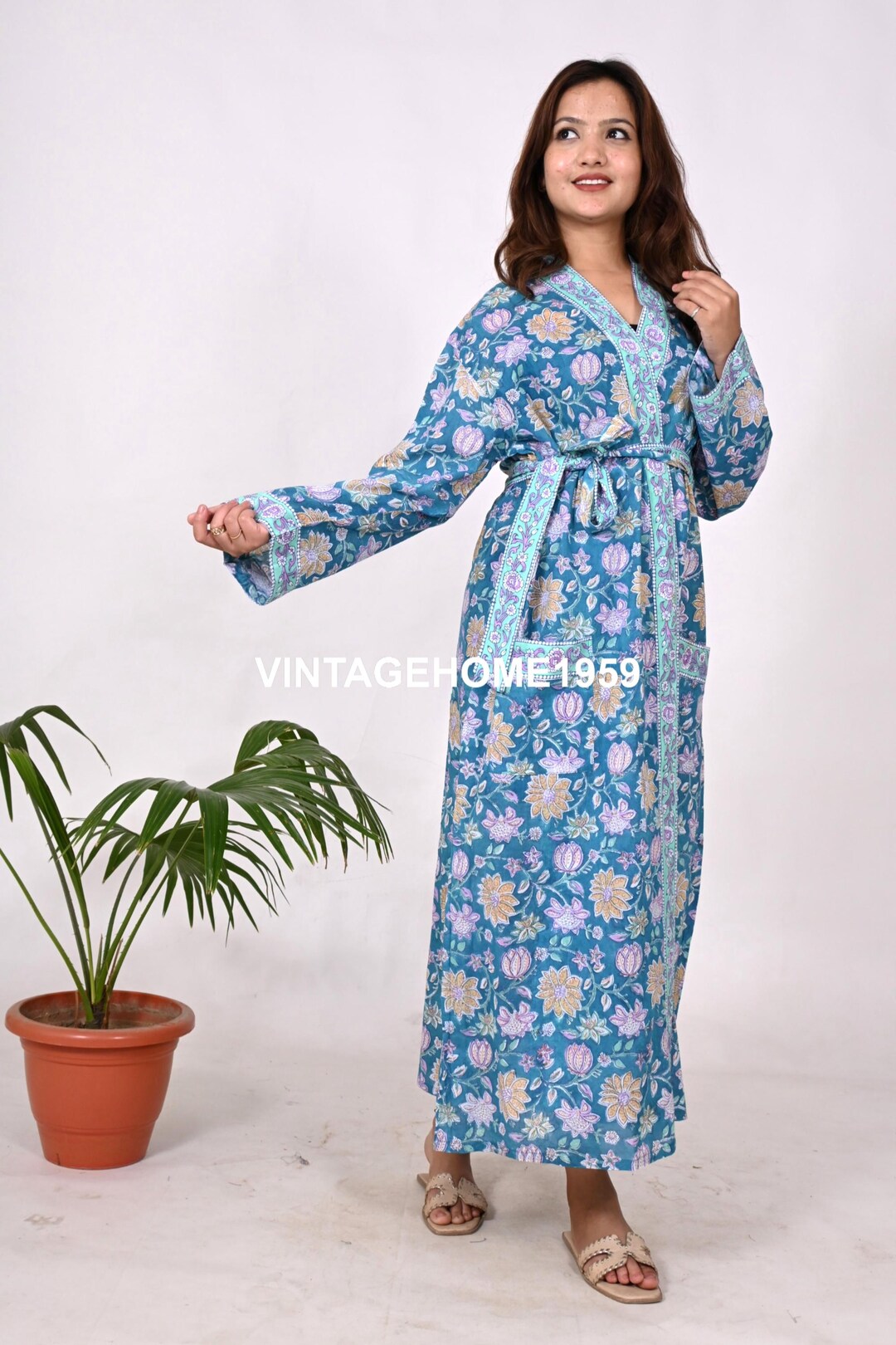 Women Floral Print Cotton Long Kimono Summer Nightgown Bridesmaid Robe ...