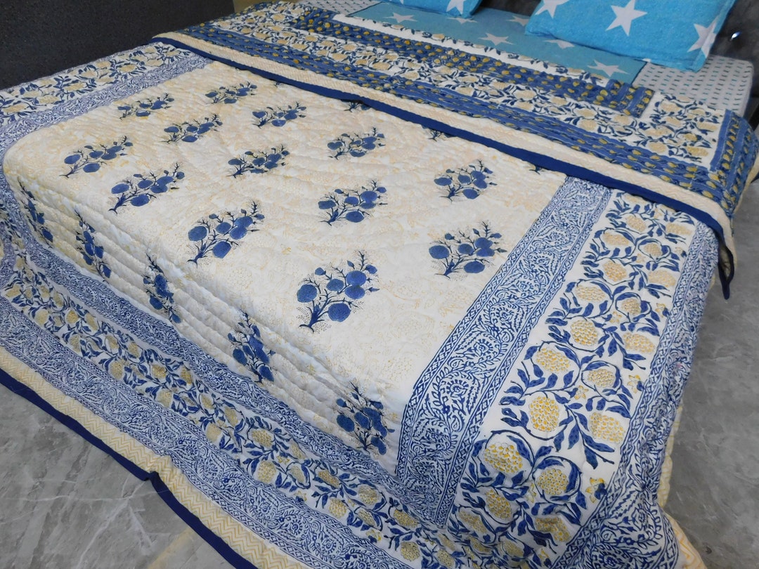 Floral Print Cotton Indian Rajai Handmade Queen Size Quilts Winter Warm ...