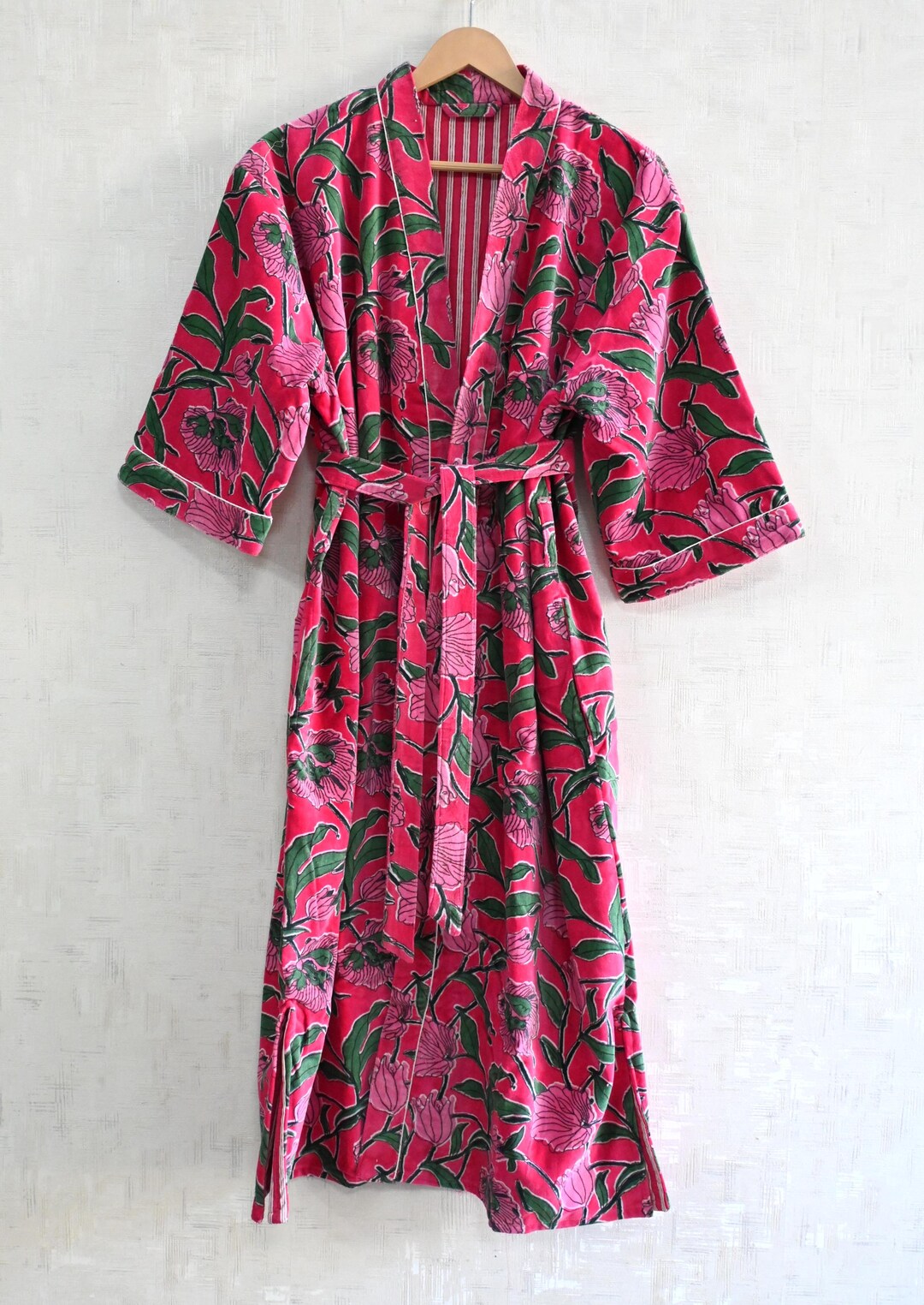 Floral Pink Velvet Long Kimono Women Bridesmaid Robe Winter Wear Boho ...