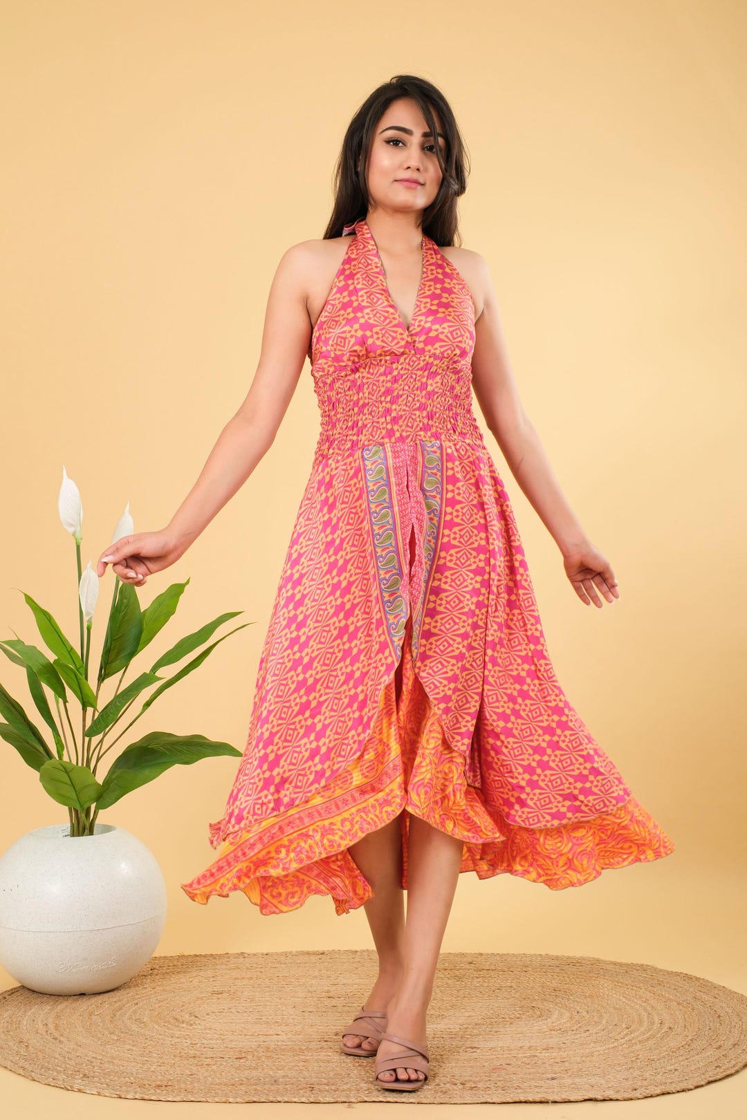 Vintage Silk Sari Halter Dress: Boho Beach Tunic, Free Size - Etsy