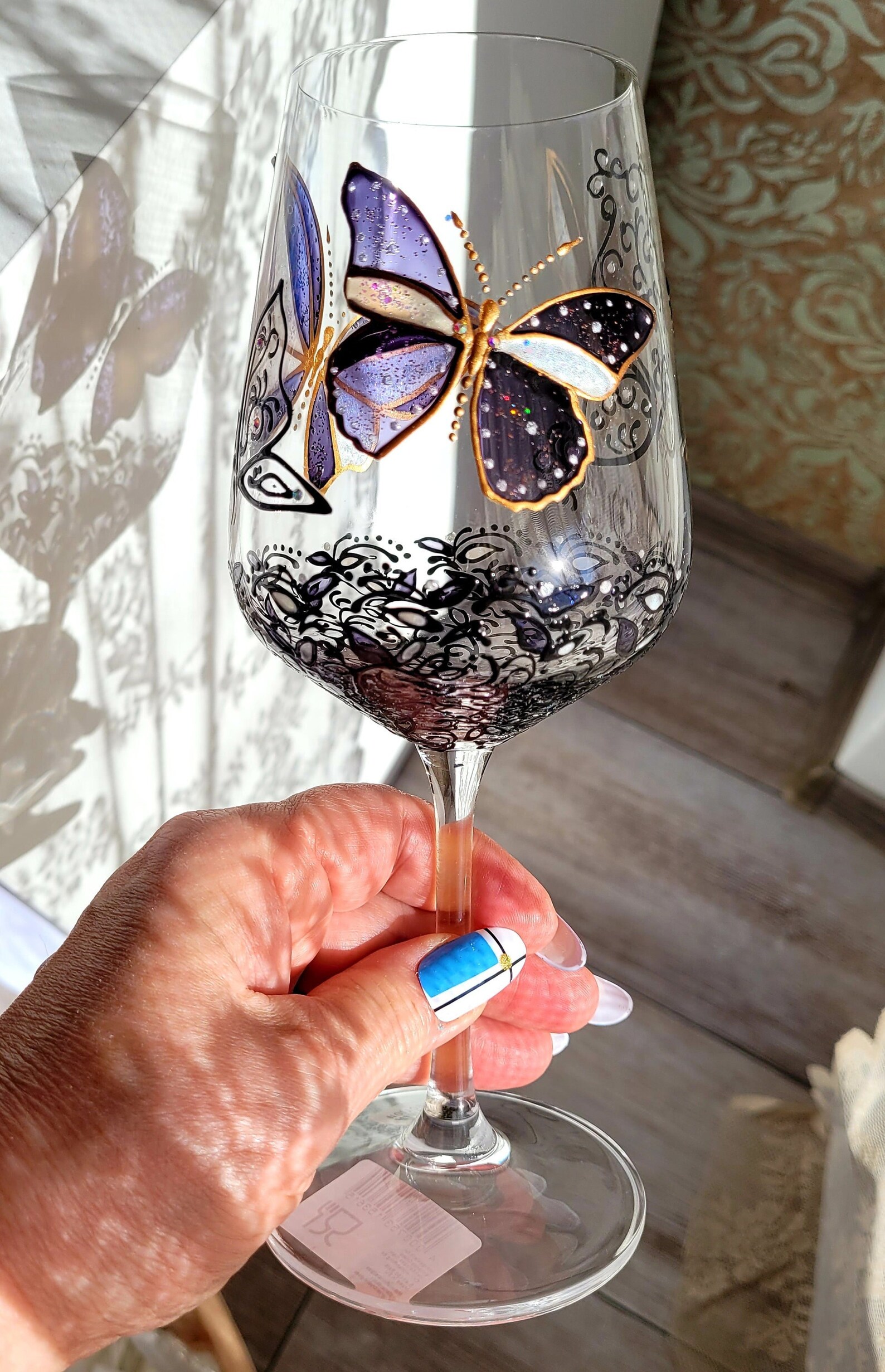 Hand Painted Bohemia Crystal Wine Glass With Lace Effect - Etsy