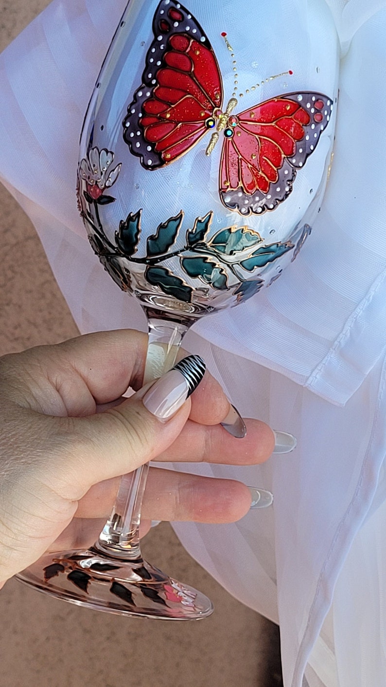 Monarch Butterfly Wine Glass. Hand Painted Wine Glass With - Etsy