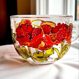 Hand Painted Poppy Mug: Personalized Floral Glass Coffee Cup. - Etsy