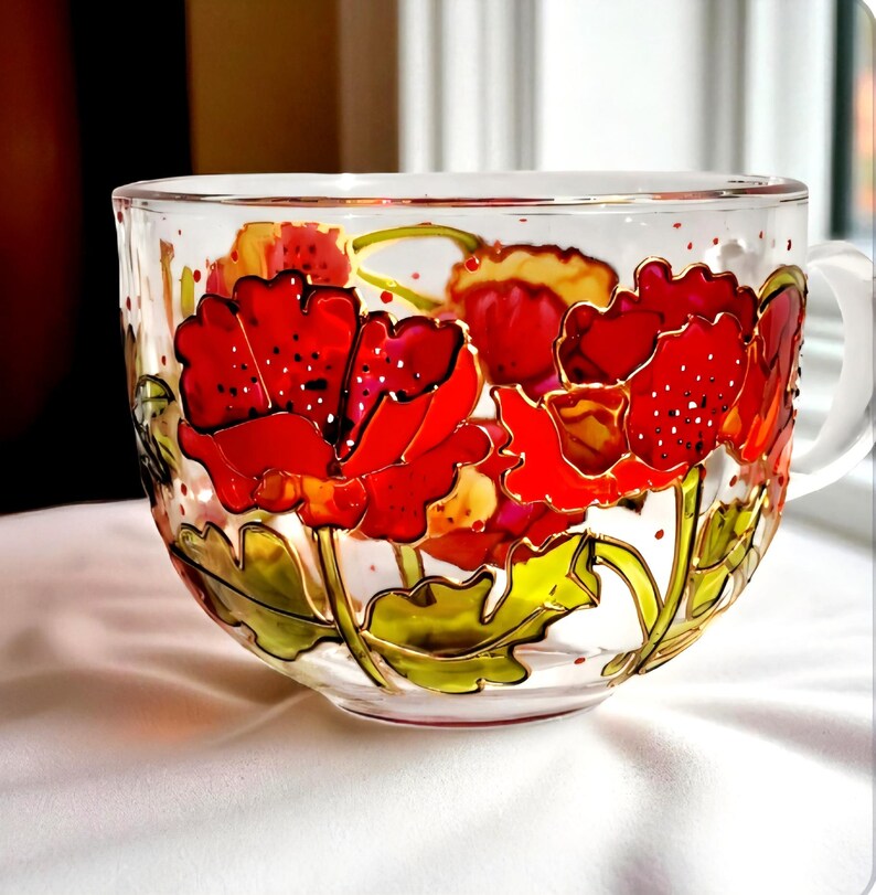 Hand Painted Poppy Mug: Personalized Floral Glass Coffee Cup. - Etsy