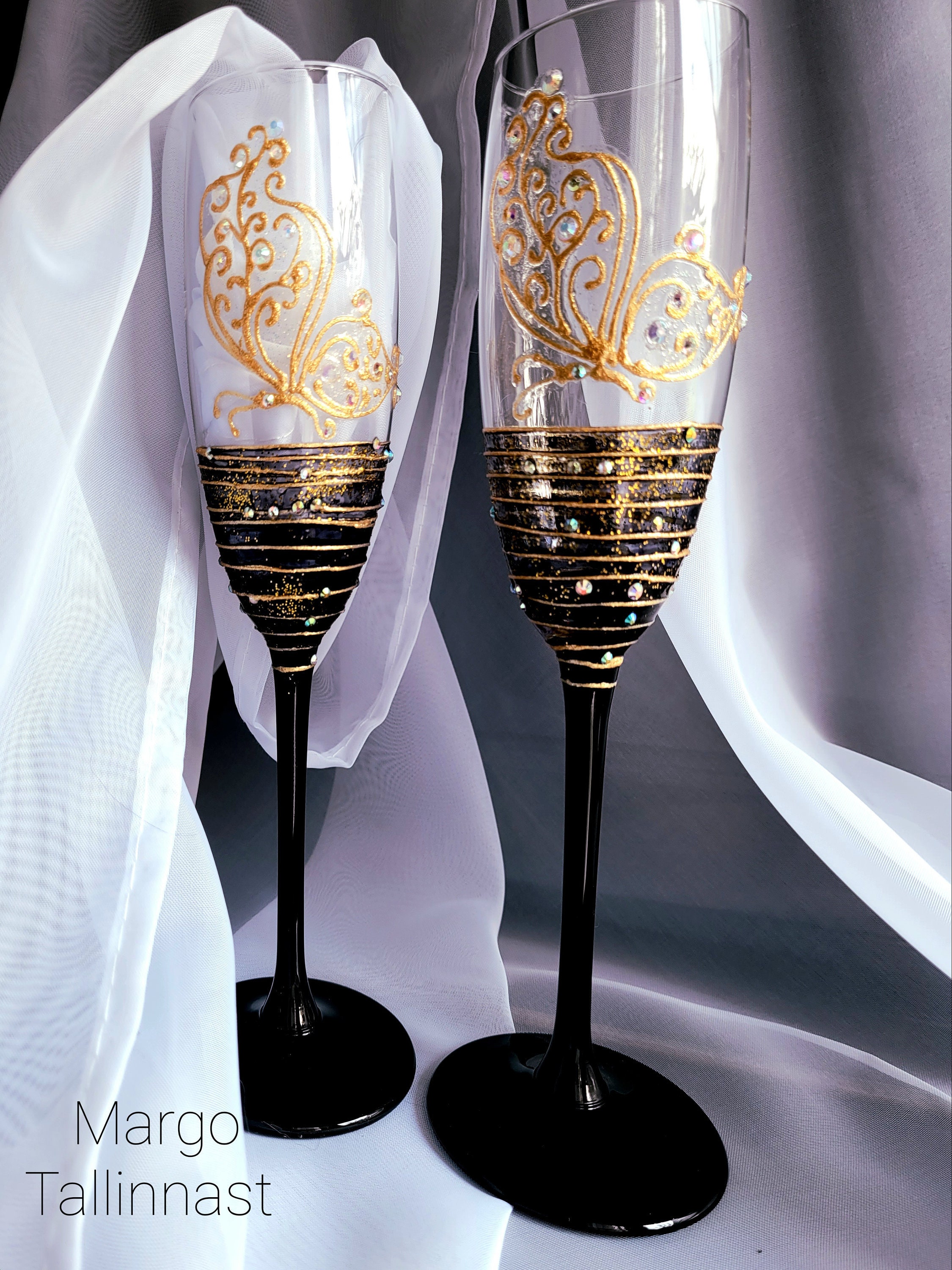 Gold Lace Butterfly wedding toast Glasses. Wedding champagne | Etsy
