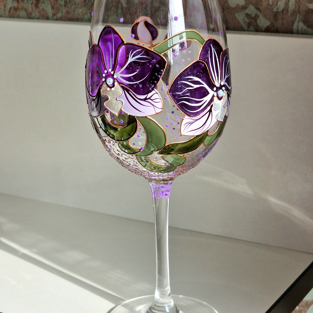 Orchid Wine Glass Hand Painted Floral Wine Glass Botanical Gift ...