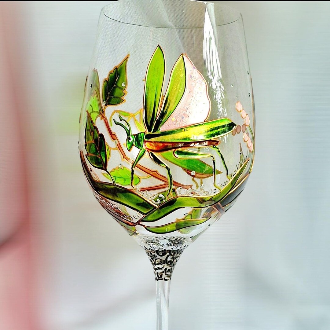 Grasshopper and Mantis Painted Wine Glass Personalized Wine Lover Gift ...