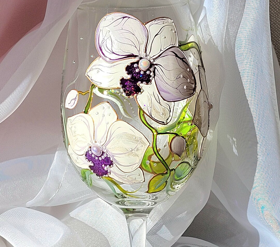 Hand Painted Orchid Wine Glass Floral Wine Glass Botanical Gift ...