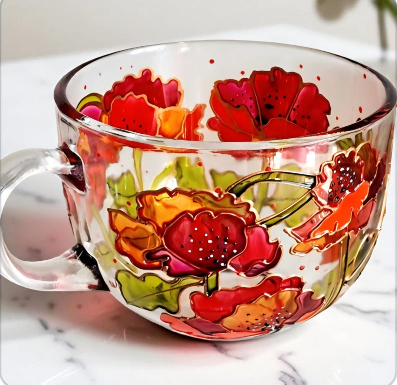 Hand Painted Poppy Mug: Personalized Floral Glass Coffee Cup. - Etsy