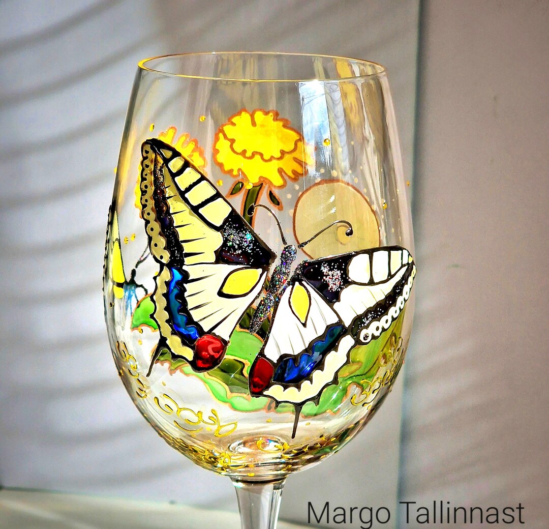 Custom Spring Wine Glass - Whimsical Butterflies & Flower Decor ...