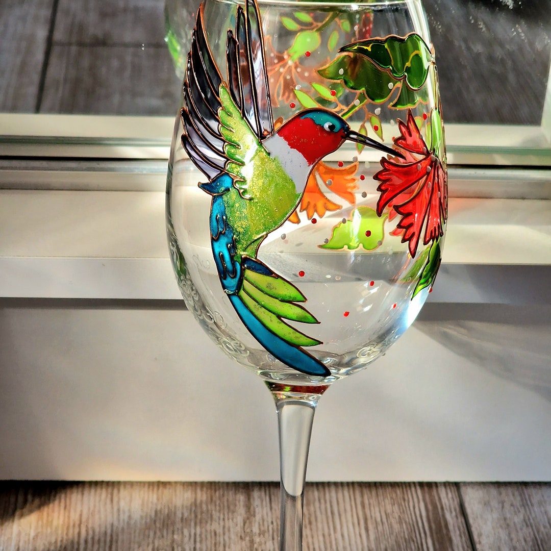 Hand Painted Ruby Throated Hummingbird Wine Glass Hummingbird Design ...