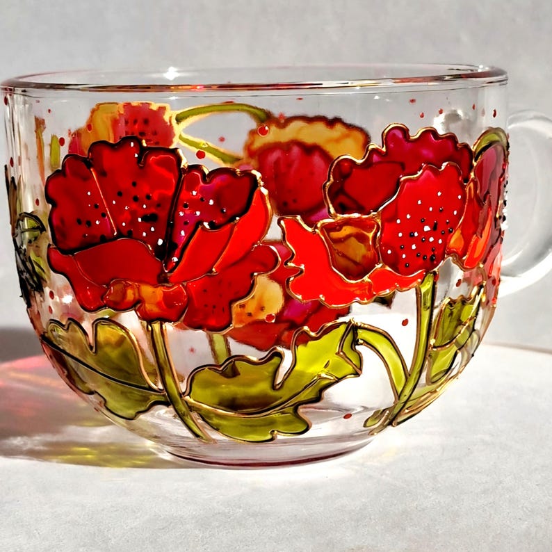 Hand Painted Poppy Mug: Personalized Floral Glass Coffee Cup. - Etsy