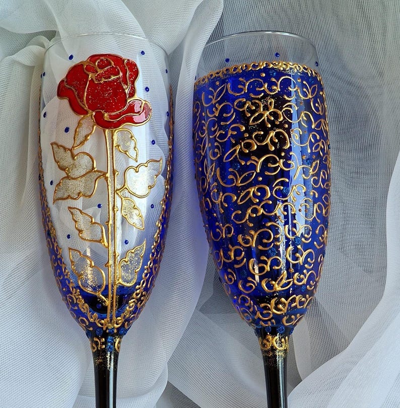 Beauty and the Beast, Hand-painted Red Rose Wedding Champagne Flutes ...