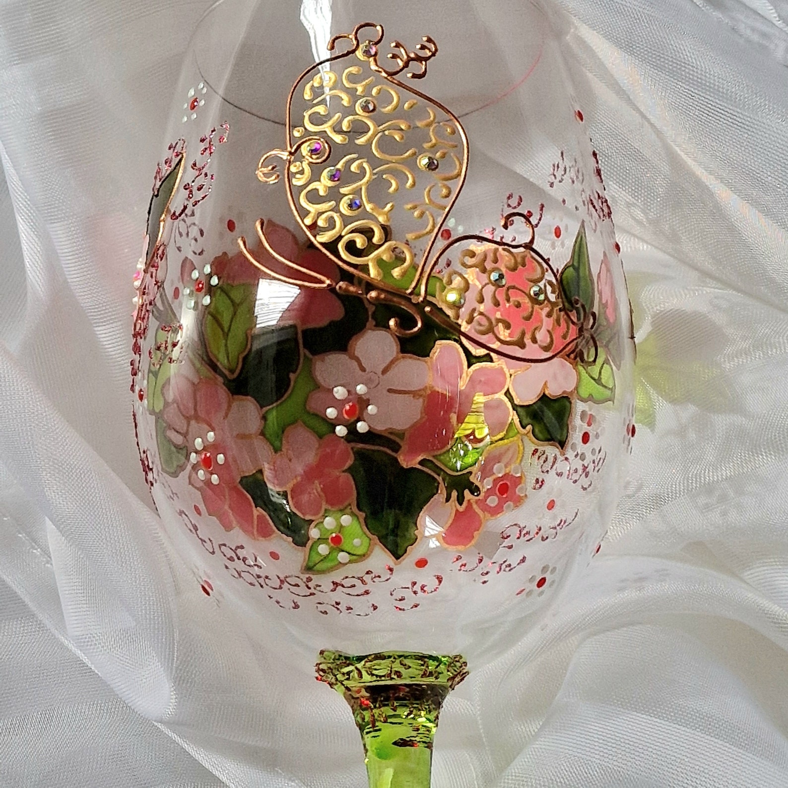 Cherry Blossom With Gold Lace Butterflies Hand Painted Wine Glass ...