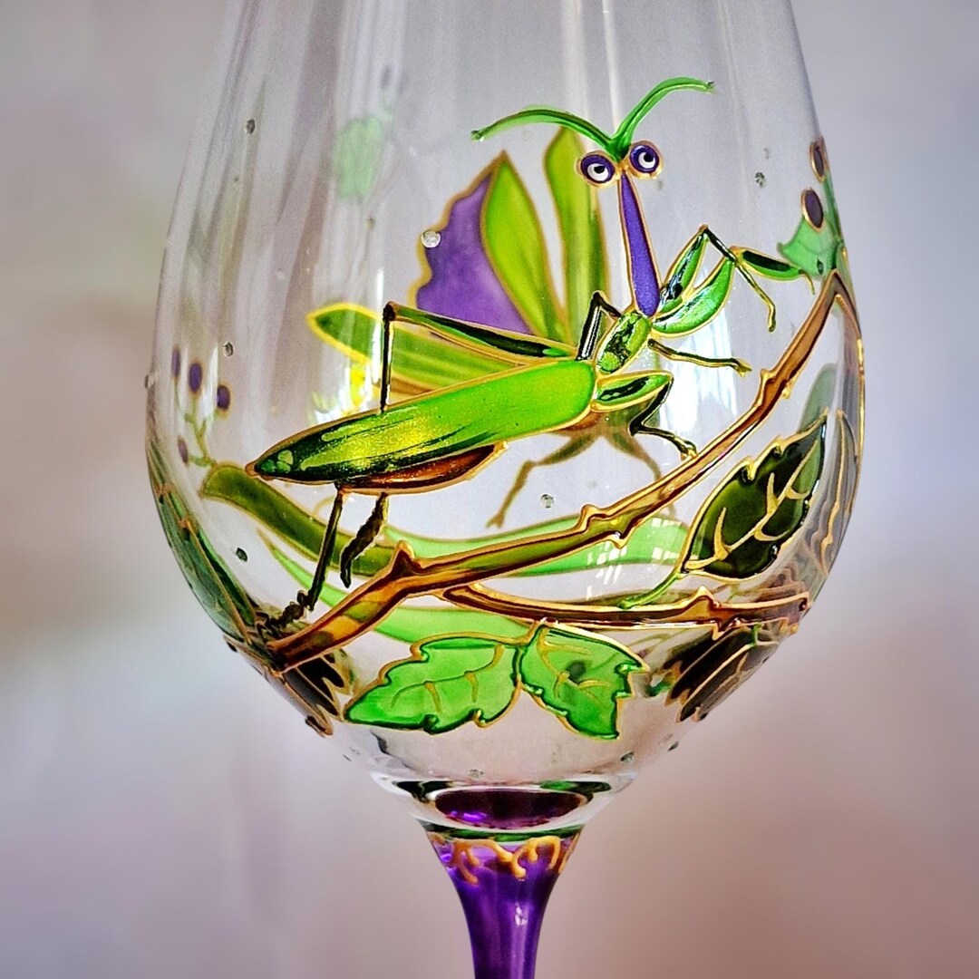 Handmade Grasshopper and Mantis Painted Wine Glass Personalized Wine ...