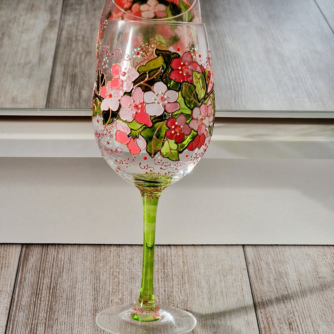Cherry Blossom With Gold Lace Butterflies Hand Painted Wine Glass ...