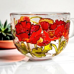 Hand Painted Poppy Mug: Personalized Floral Glass Coffee Cup. - Etsy