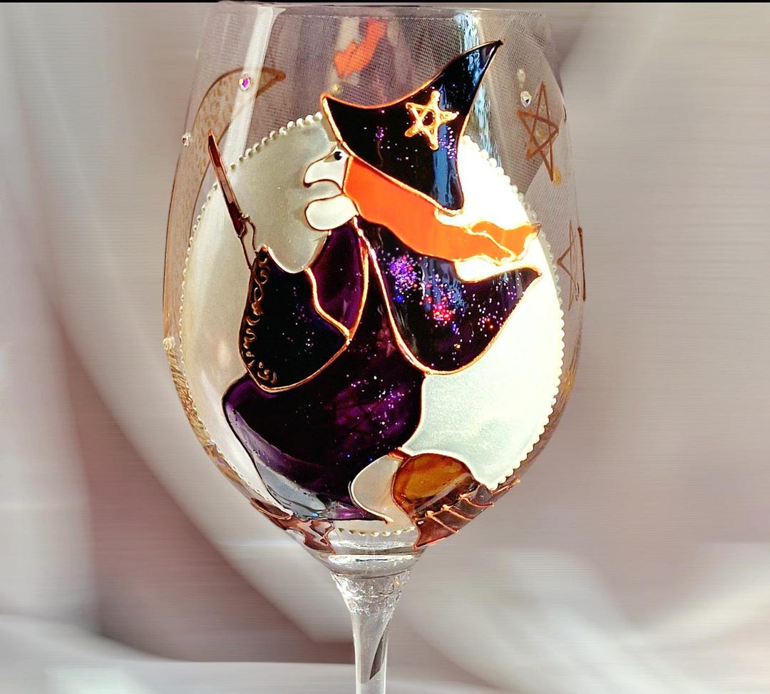 Hand Painted Witch Wine Glass - Halloween Barware Gift - Etsy