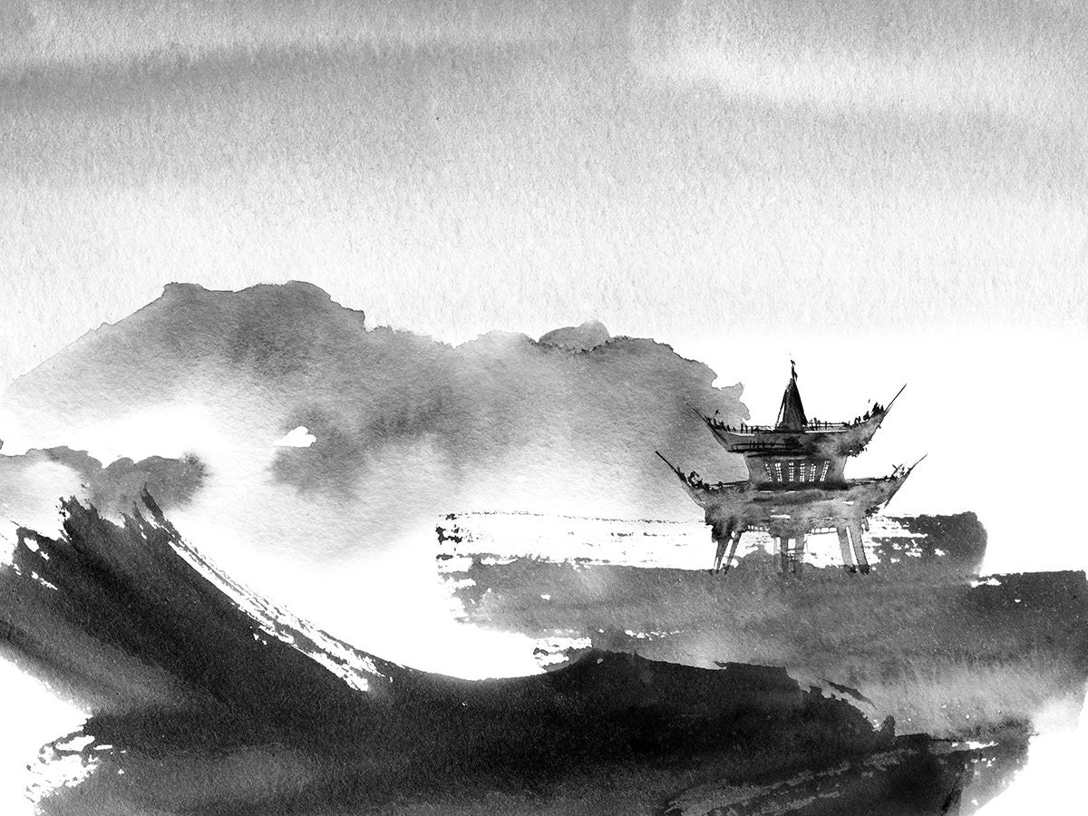 Sumi-e Painting Canvas Print Asian Architecture Wall Art Home - Etsy