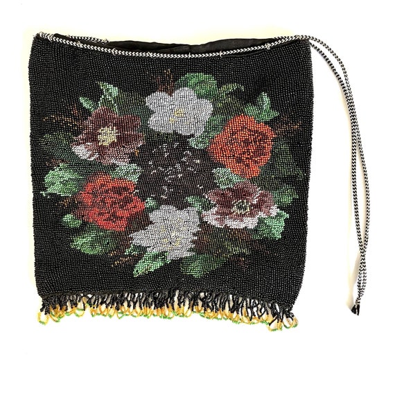Antique Victorian Floral Micro Beaded Fringe Reticule… - Gem
