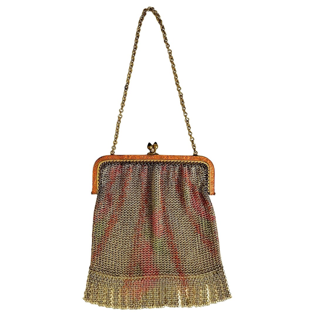 Antique Art Deco Frame Painted Mesh Chainmail Fringe Flapper Handbag ...
