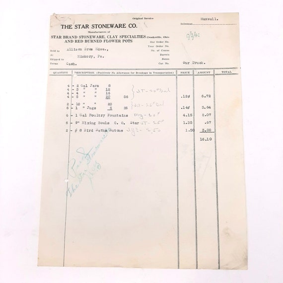 Vintage Star Stoneware Co Invoice 1942 Ephemera Crooksville - Etsy