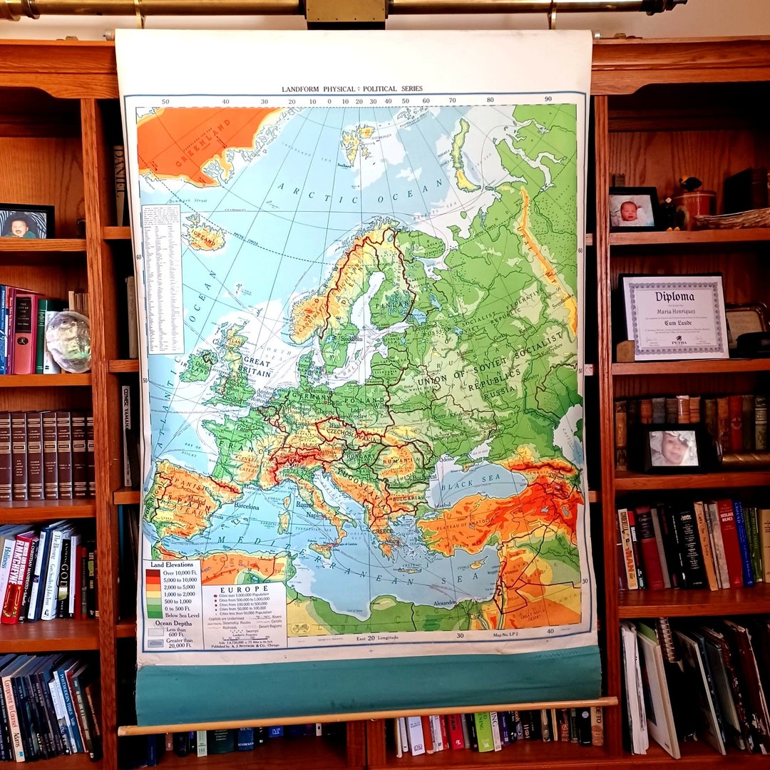 Vintage School Pull Down Map EUROPE 1954 Nystrom Large Canvas Roll Down ...