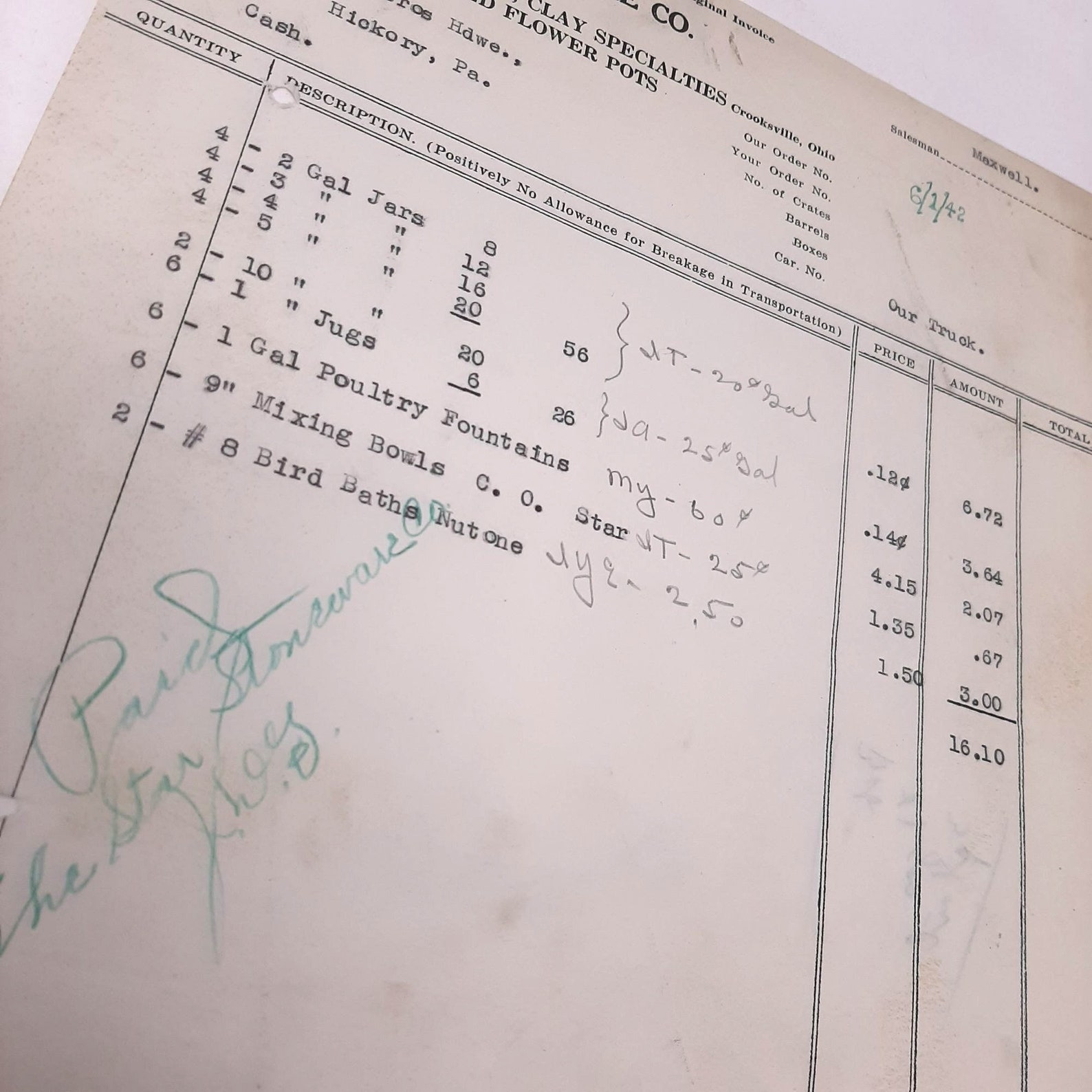 Vintage Star Stoneware Co Invoice 1942 Ephemera Crooksville - Etsy