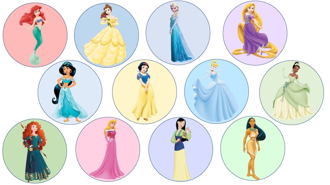 12 X Disney Princess Cupcake Toppers With Coloured Backgrounds Cake ...