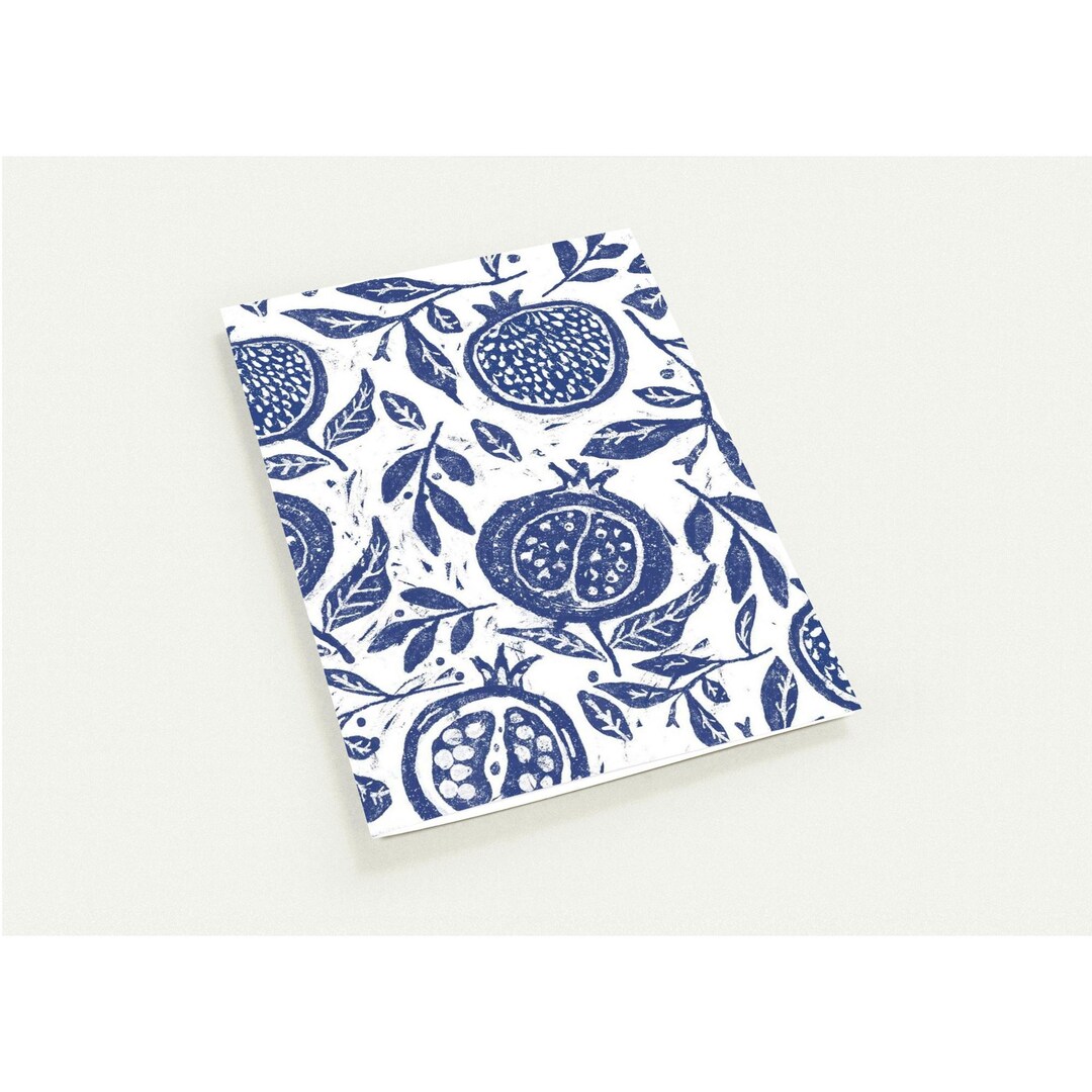 Pomegranate Block Print Note Cards - Blue Botanical Stationery, Set of ...