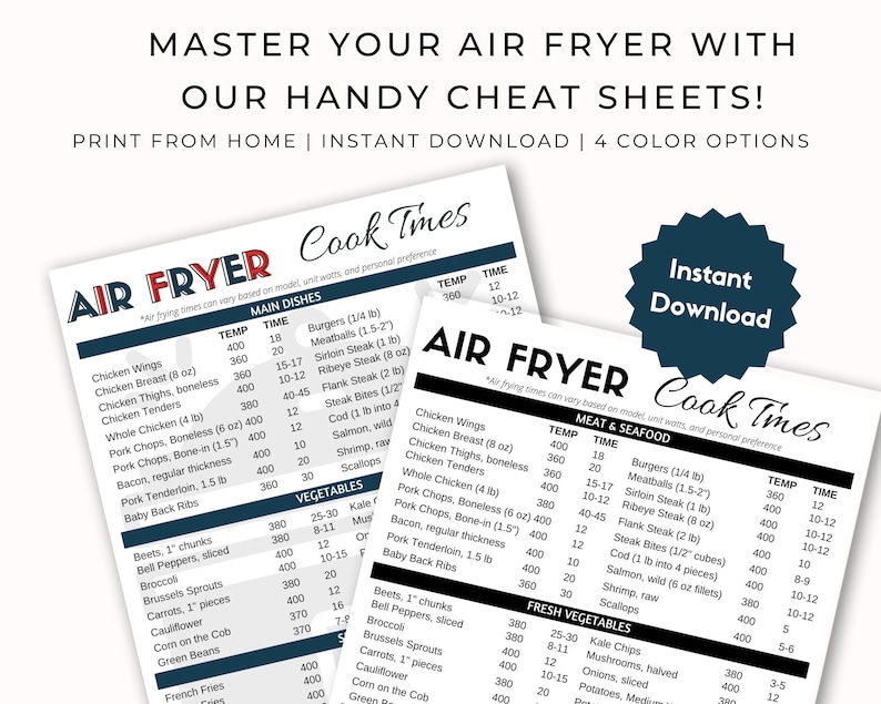 Air Fryer Cooking Chart | Printable Cheat Sheet | Air Fryer Time Chart ...