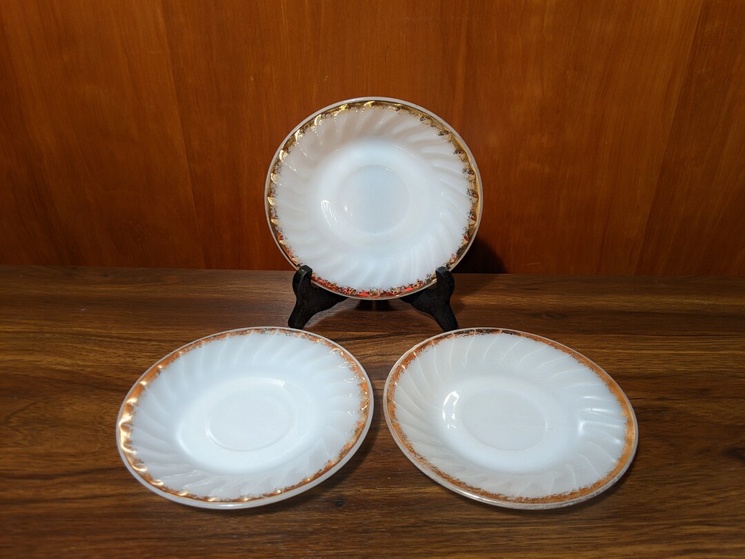 SET of 3 - Fire King Saucers, Milk Glass With Speckled Gold Border - Etsy