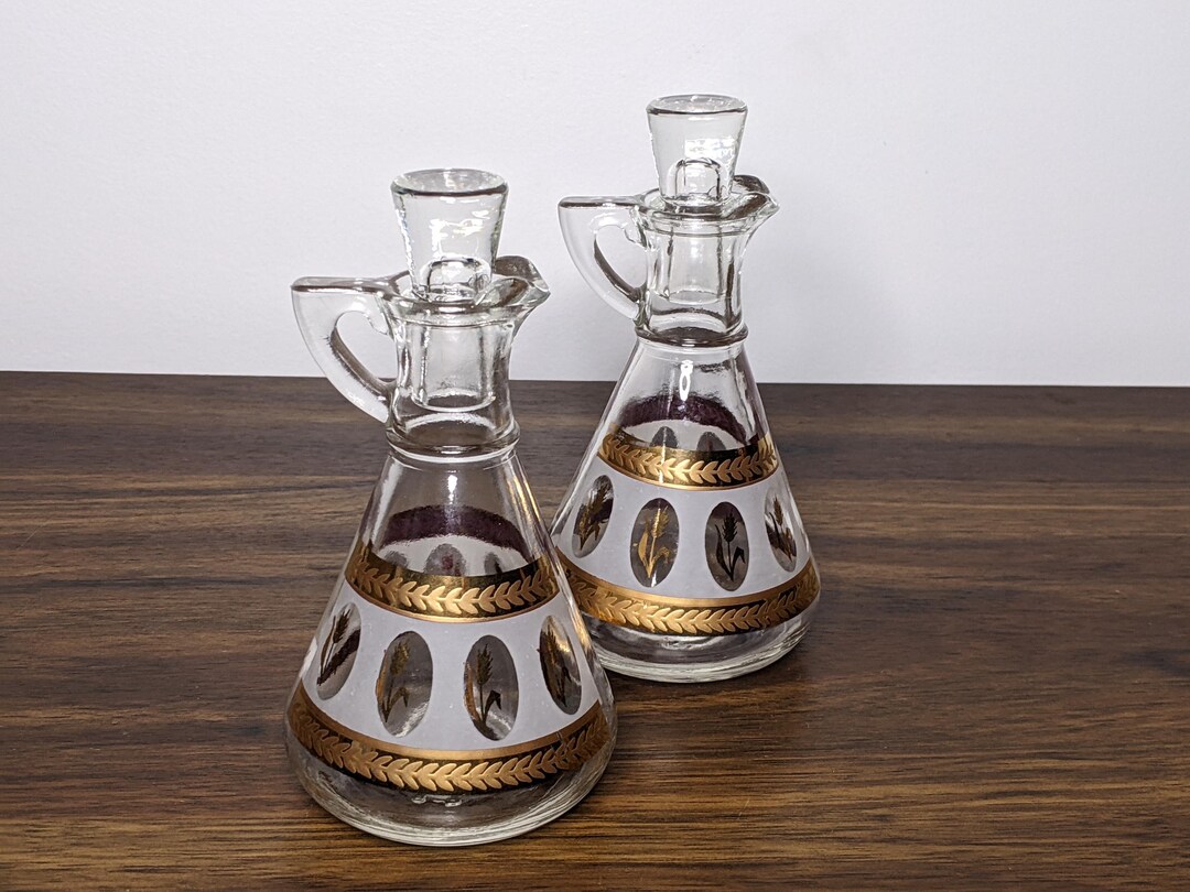 PAIR of Hazel Atlas Oil and Vinegar Cruets - Frosted With Gold Foil ...