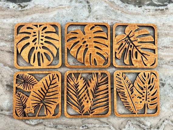 Set of 6 Wood Leaf Pattern Coasters Monstera Leaf Taro | Etsy