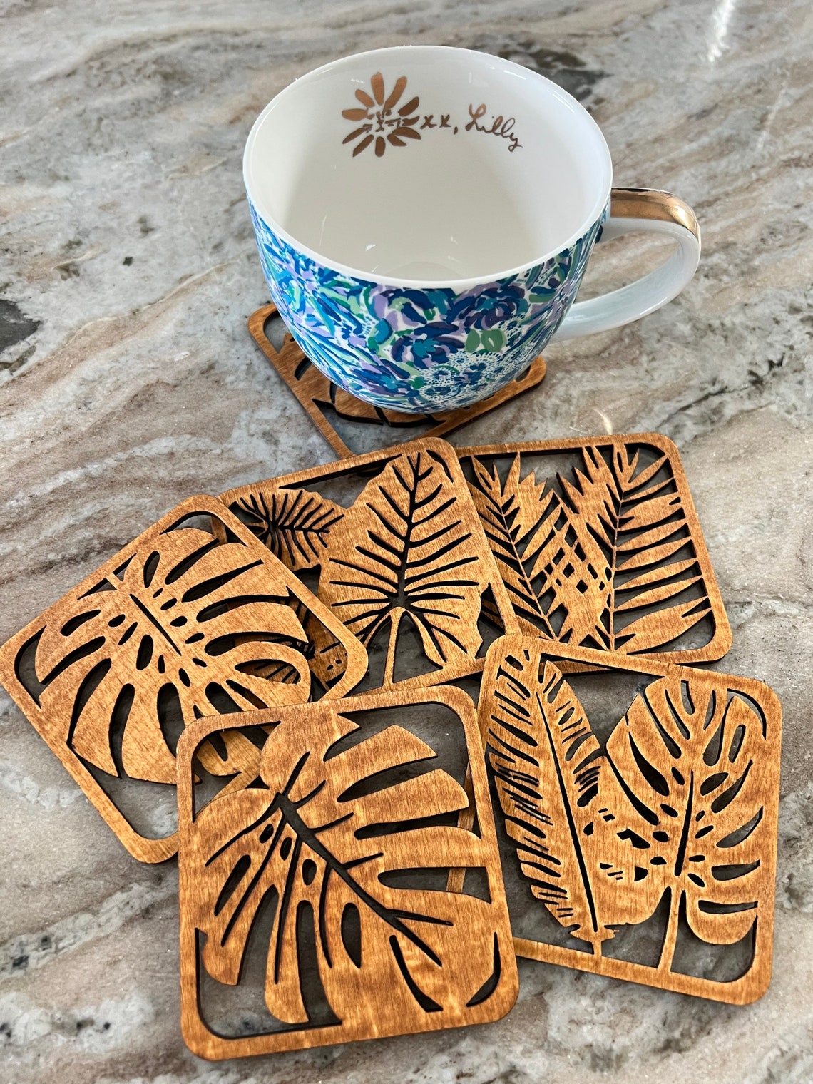 Set of 6 Wood Leaf Pattern Coasters Monstera Leaf Taro - Etsy