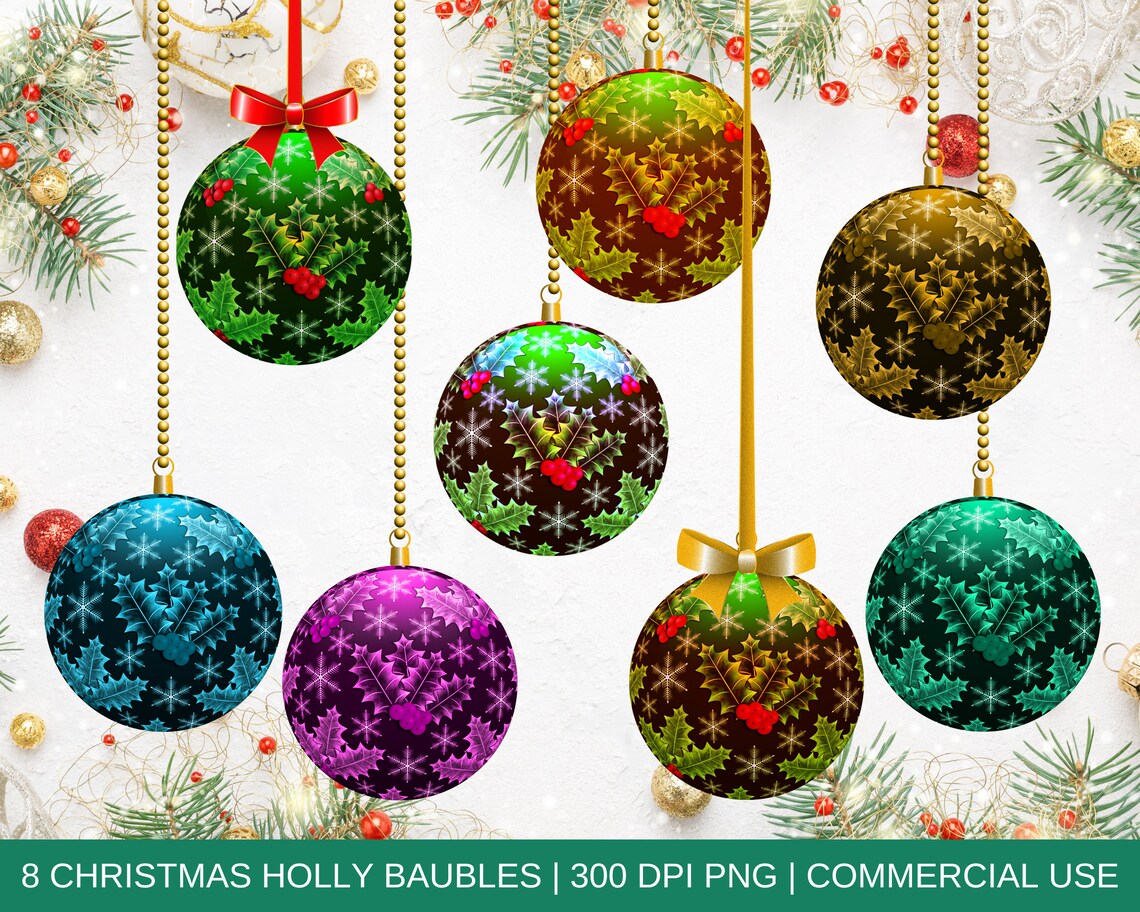 Christmas Baubles Clipart, Christmas Graphics, Holly Clipart, Digital ...