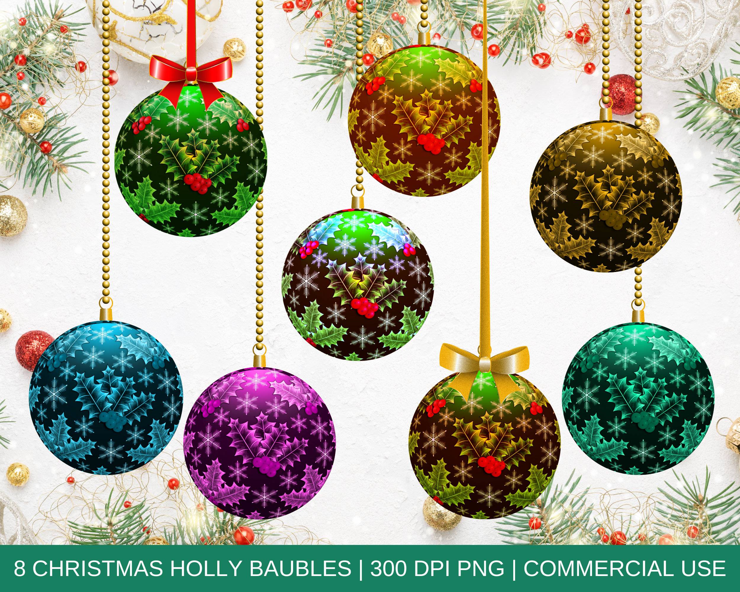 Christmas Baubles Clipart, Christmas Graphics, Holly Clipart, Digital ...