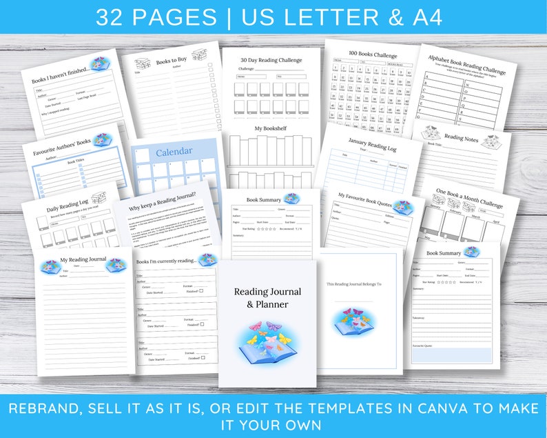 Canva Reading Journal Templates, Commercial PLR License, US Letter, A4 ...