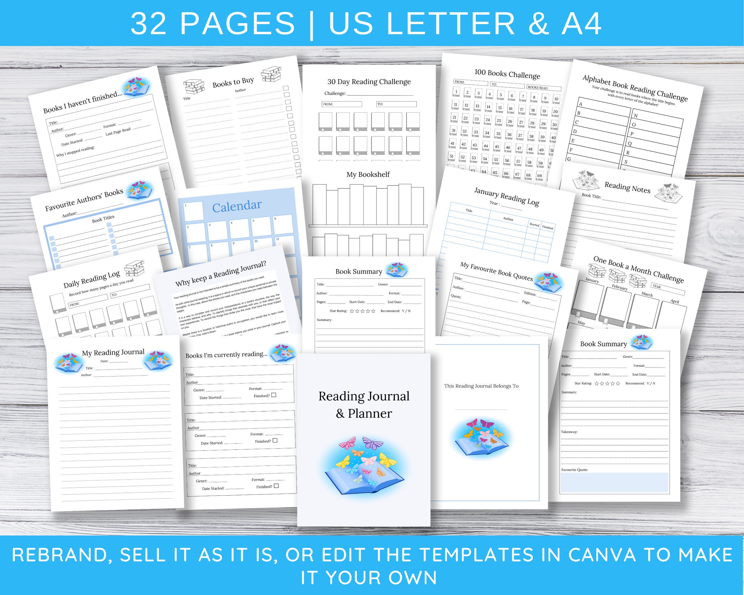 Canva Reading Journal Templates, Commercial PLR License, US Letter, A4 ...