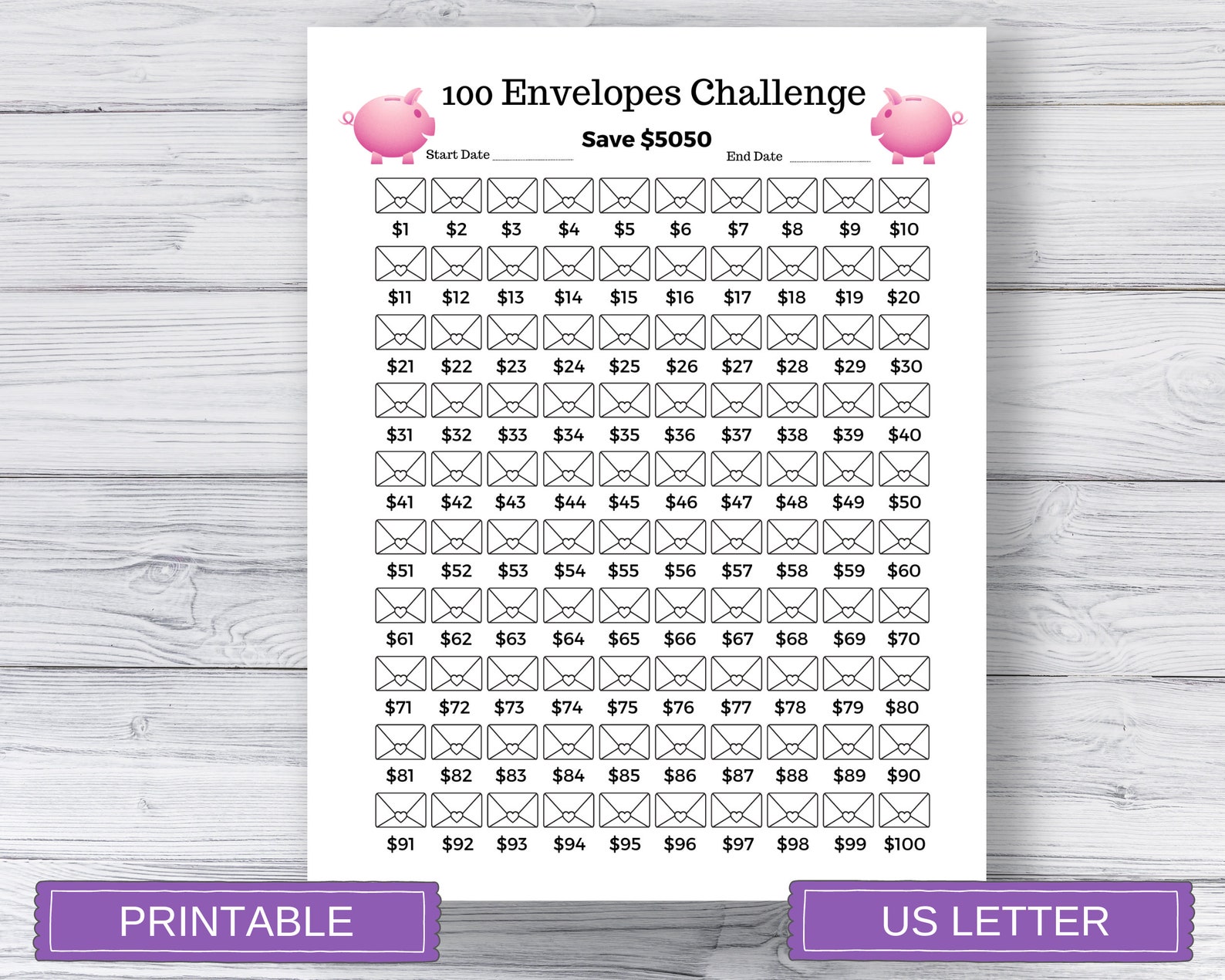 100 Envelope Challenge Printable, Savings Tracker, 100 Envelopes, Money ...