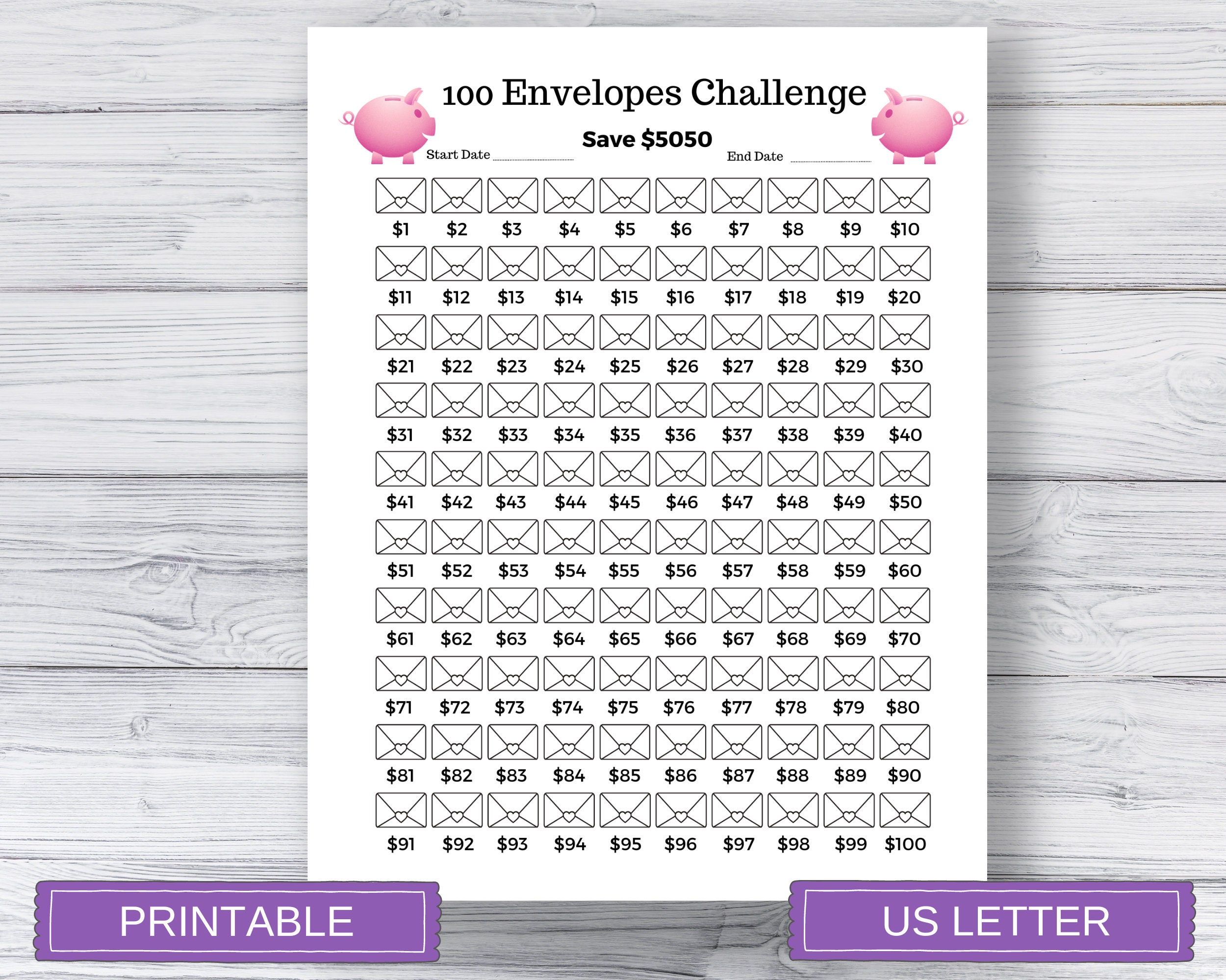 100 Envelope Challenge Printable, Savings Tracker, 100 Envelopes, Money ...