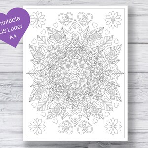 Hearts and Flowers Mandala Colouring Page, Valentine’s Day Colouring ...