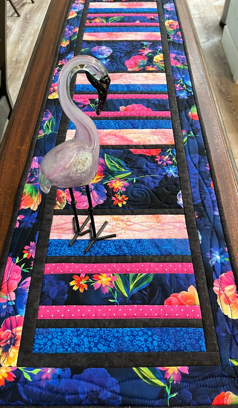 Floral 66 Table Runner: Royal Blue & Raspberry, Crazy Quilt Inspired Pieced Tabletop Home Décor ...