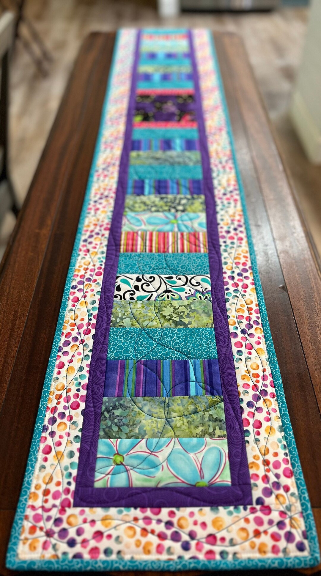 Bright 72" Table Runner: Scrappy Strip Pieced With Patchwork, Crazy Quilt Inspired, Embroidered ...