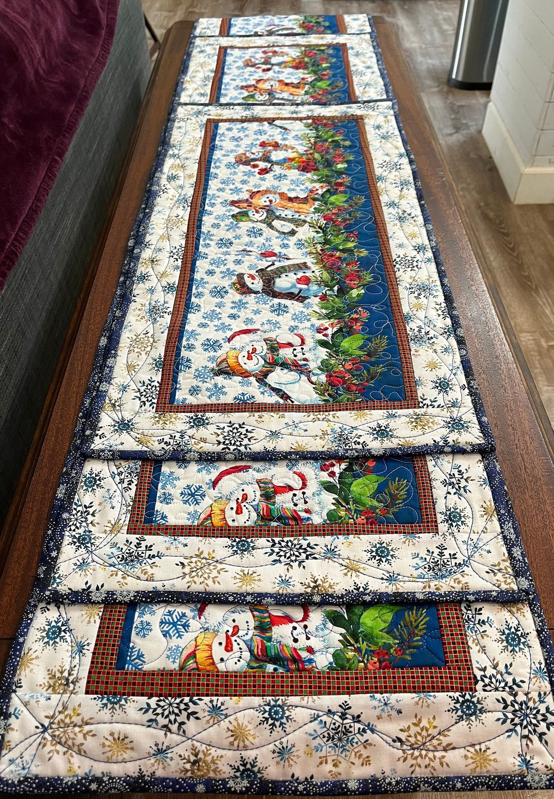 Three Sizes Table Runners: Holiday Quilted Christmas Snowmen Tabletop ...
