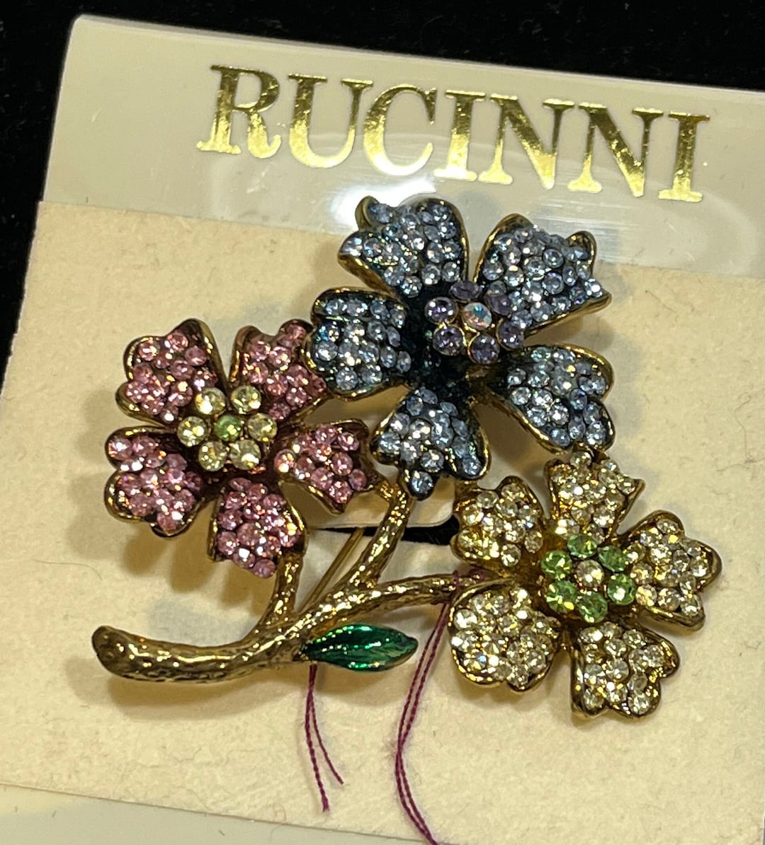 Flower Trio Brooch: Rucinni Crystal Pin With Pink, Blue & Cream ...