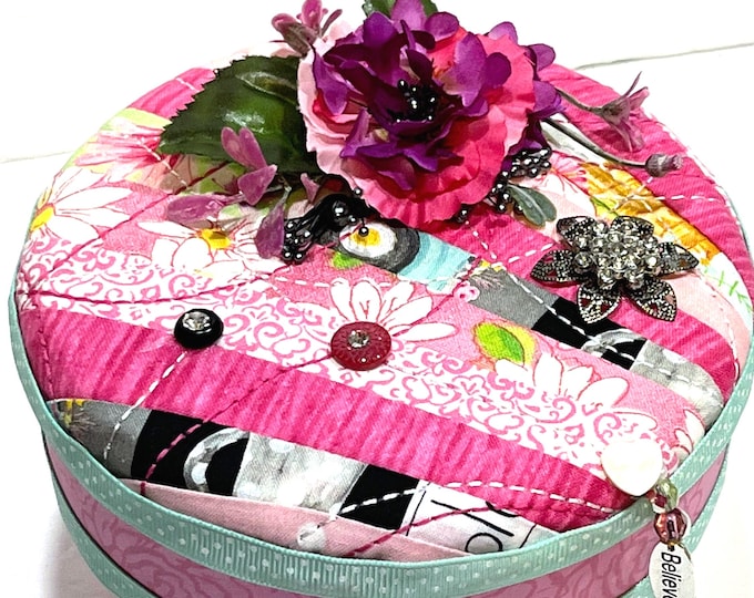 Upcycled Box Décor: Crazy Quilt Inspired Scrappy Collage on a Round Tin ...