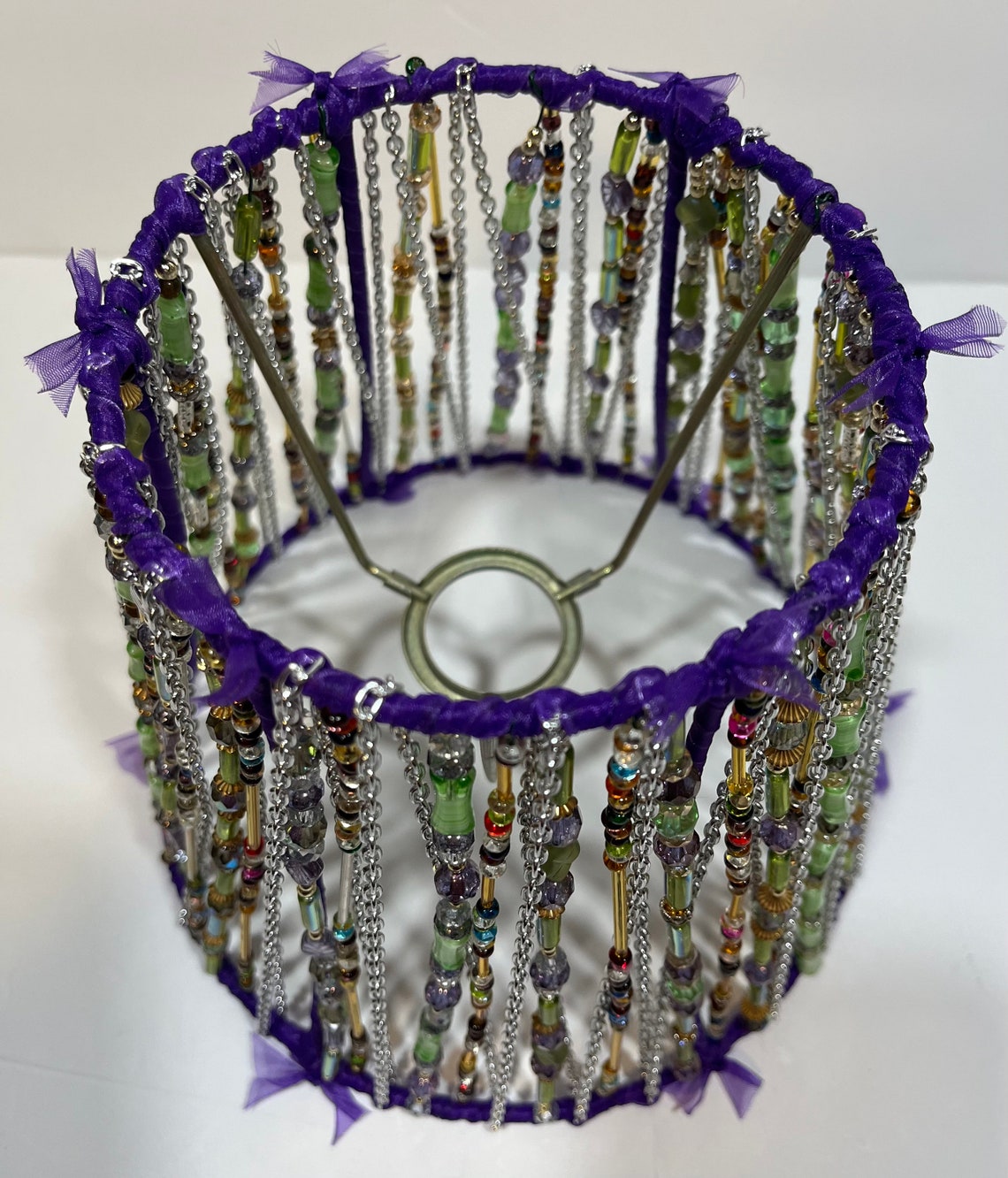 Hand Beaded Lamp Shade: Ribbon Wrapped Frame With Chain & Beaded ...
