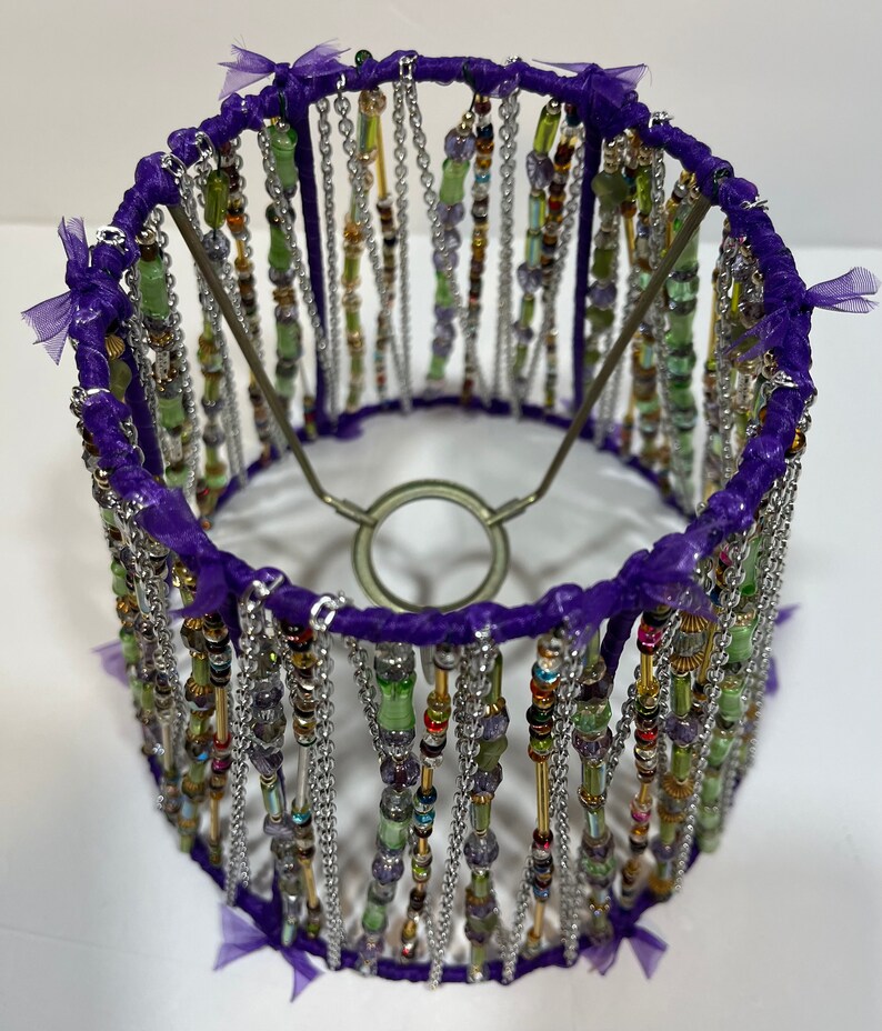 Hand Beaded Lamp Shade: Ribbon Wrapped Frame With Chain & Beaded ...