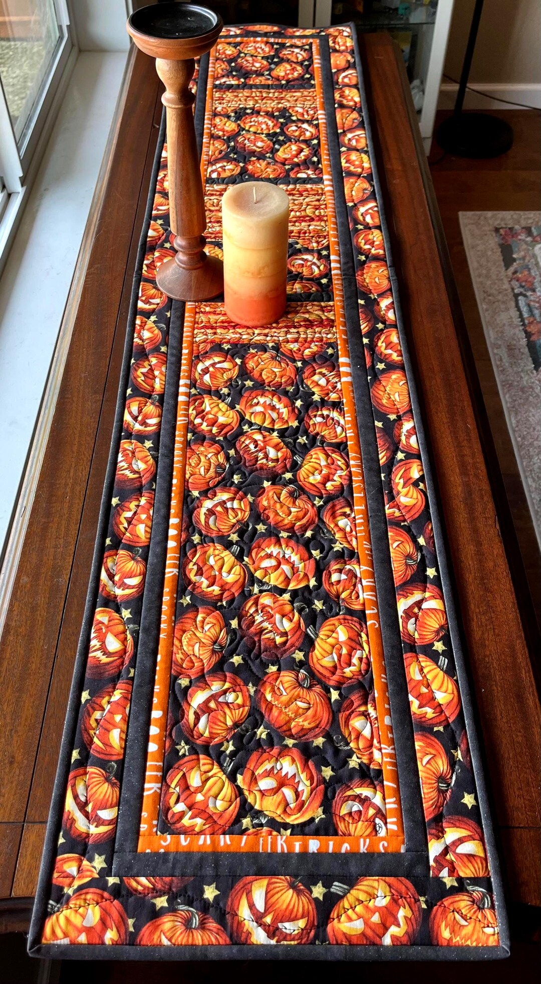 Halloween Table Runner: Quilted Pumpkin Design, Black Forest Reverse ...